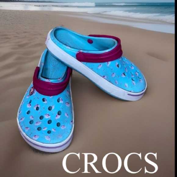 CROCS | Shoes | Crocs Blue And Pink Flamingo Print Sz Girls | Poshmark